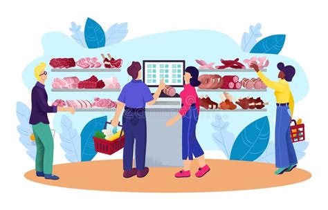 Butcher Shop With Food Meat Vector Illustration Product Market Store