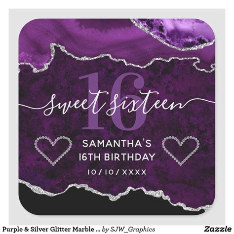 Purple And Black Marble With Silver Glitter Hearts Is The Centerpiece