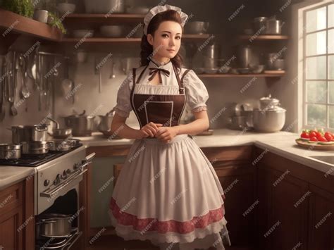 Empregada Doméstica Na Cozinha Ilustração 3d Personagem De Anime Foto
