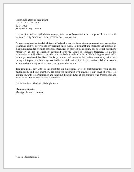 Experience Letter Template For An Accountant Word Excel Templates