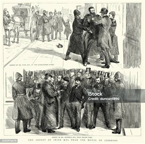하원 근처에서 아일랜드 민족주의 의원 체포 더글러스 파인 제임스 길훌리 1880년대 19세기 경찰관에 대한 스톡 벡터 아트 및