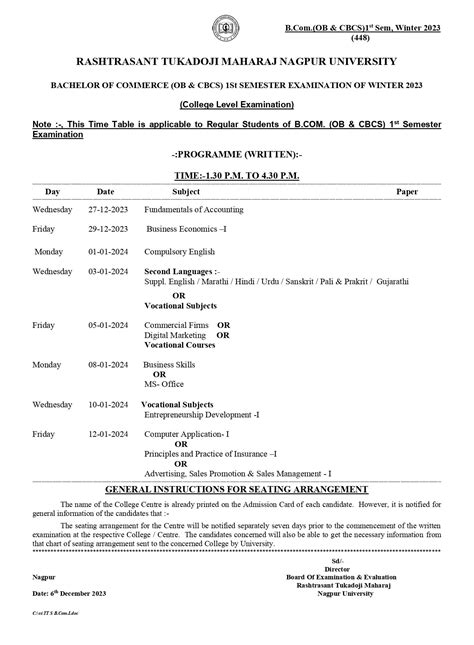 RTMNU BCom I Sem Time Table Winter MahaBharti In University