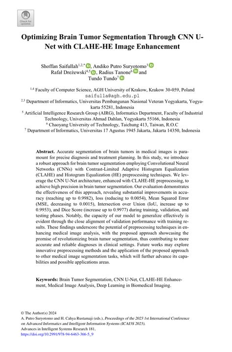pdf optimizing brain tumor segmentation through cnn u net with clahe