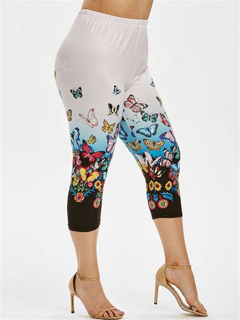Plus Size Butterfly Flower Capri High Waisted Leggings OFF Rosegal