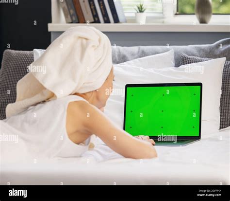 Woman Using Green Screen Laptop Stock Photo Alamy