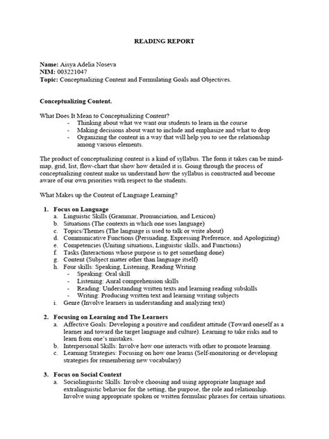 Reading Report Pdf Goal Learning