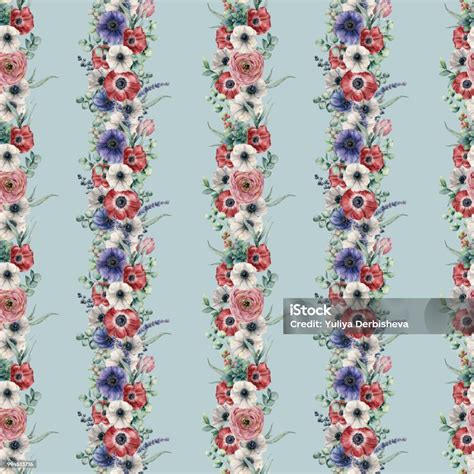 수채화의 수직 꽃 완벽 한 패턴입니다 빨간색 흰색 파란색 네모를 그린된 꽃다발 손 미나리 아재 비 즙 유칼립투스 나뭇잎 열매 튤립 라벤더 파란 배경에 고립 0명에 대한 스톡