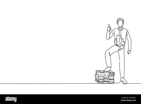Single One Line Drawing Businessman Stands With Thumbs Up Pose And
