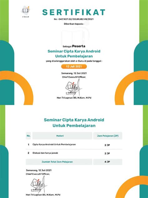 Sertifikat Seminar Cipta Karya Android Untuk Pembelajaran Peserta Pdf
