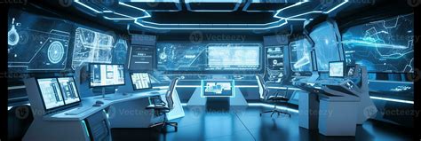 Command Center Interior Banner 3d Room With Neon Light Sci Fi Concept