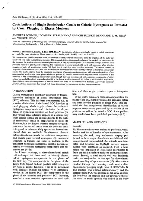 Pdf Contributions Of Single Semicircular Canals To Caloric Nystagmus As Revealed By Canal