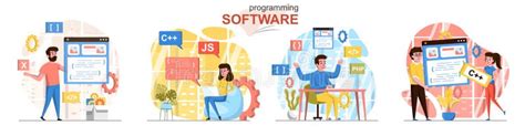 Programming Software Concept Scenes Set Developers Code In Different Programming Languages