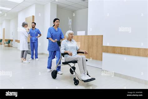 Asian Nurse Caring For Disabled Elderly Female Sitting On Wheelchair At