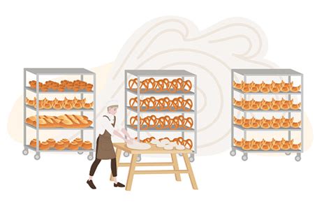 베이커리 제조업체 남성 요리사 요리사 베이킹 트레이와 빵 트레이 전문 베이커리 만화 캐릭터 디자인 평면 벡터 일러스트와 흰색 배경 만화에 대한 스톡 벡터 아트 및 기타