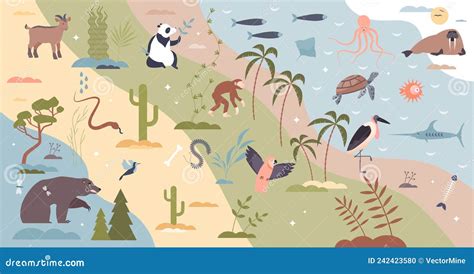 Biodiversity Scene With Flora And Fauna Ecological Zones Outline