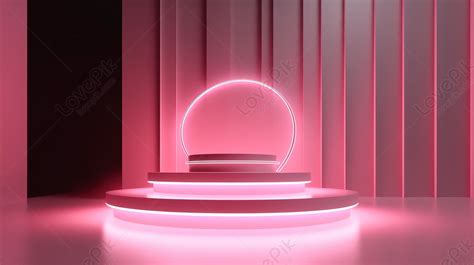 3d 렌더링무대 벽 뒤에 밝은 배경이 있는 분홍색 원형 받침대 3d 침대 배경 경이 배경 홍색 배경 이미지 Hd 3d