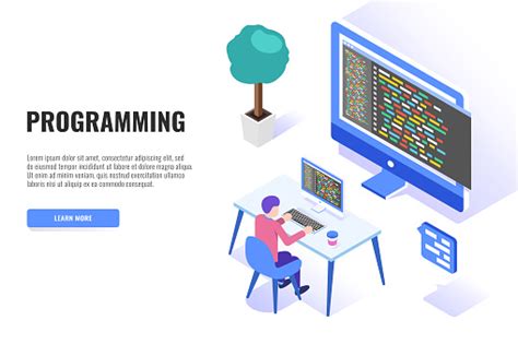 프로그래밍 개념 직장에서 웹 엔지니어 데스크톱 컴퓨터에서 작업하는 남자 웹 배너 인포 그래픽 아이소메트릭 벡터 그림입니다 개념에 대한 스톡 벡터 아트 및 기타 이미지