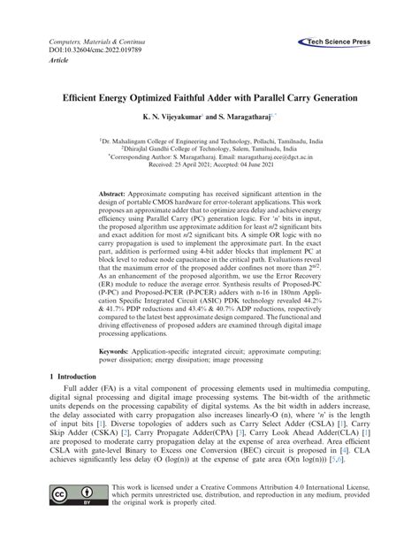 Pdf Efficient Energy Optimized Faithful Adder With Parallel Carry