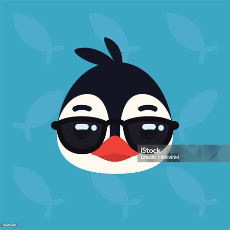 펭귄 감정적인 머리입니다 귀여운 북극 새 선글라스의 벡터 그림 감정입니다 멋진 이모티콘입니다 스마일 아이콘입니다 인쇄 채팅 통신입니다 파란색 배경에 플랫 만화 스타일에는