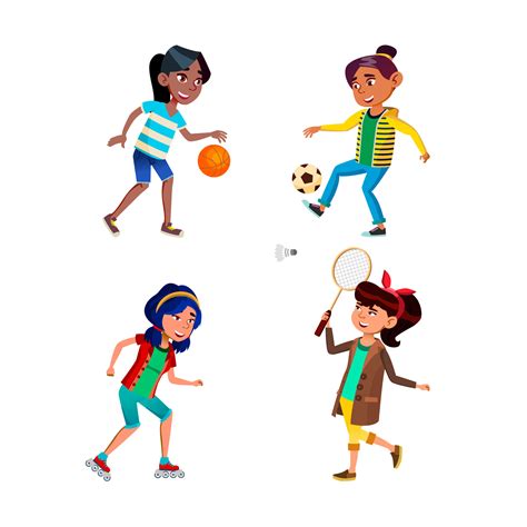 School Girls Playing Sport Game Active Set Vector 17386674 Vector Art