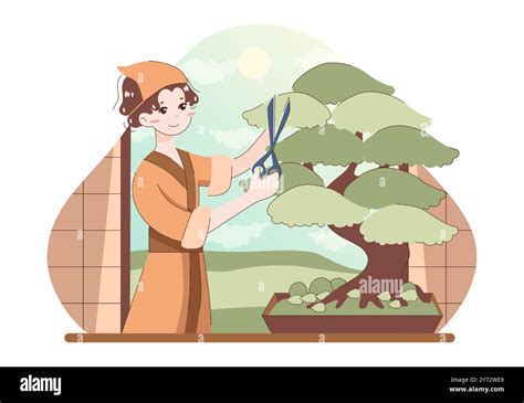 Bonsai Growing Asian Male Character Caring Pruning And Trimming