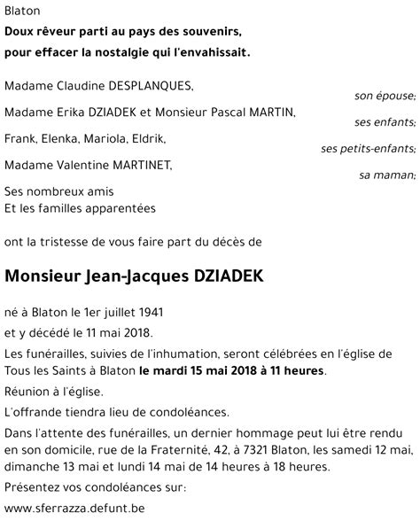 Avis De Décès De Jean Jacques Dziadek Décédé Le 11052018 à Blaton