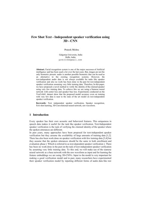 Pdf Few Shot Text Independent Speaker Verification Using 3d Cnn