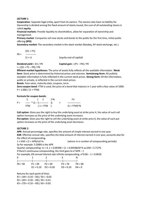 Intermediate Asset Pricing Lecture 1 Corporation Separate Legal Entity Apart From Its Owners