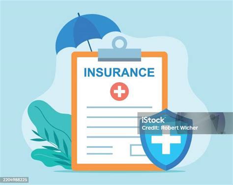 의료 보험 계약 그래픽 문서 위에는 보호 우산이 있고 문서 앞에 방패 아이콘이 나타납니다 플랫 스타일의 벡터 그림 건강관리와 의술에 대한 스톡 벡터 아트 및 기타 이미지