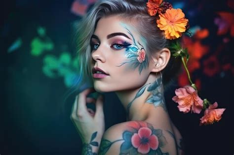 Premium Photo Sensual Woman With Body Art And Colored Eyes And Lips