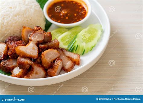 Fried Belly Pork With Rice With Spicy Sauce Stock Image Image Of