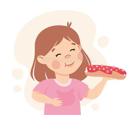 Funny Girl Character Eating Eclair Showing Like Vector Illustration