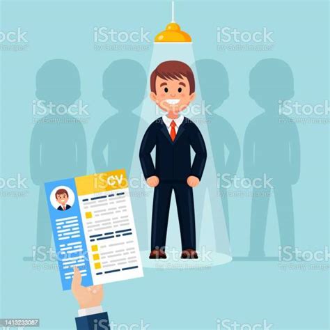Cv 사업이 재개됩니다 후보자 채용 전구를 가진 남자 면접 채용 경영자에 대한 스톡 벡터 아트 및 기타 이미지 경영자