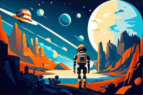 Robot Time Traveler Exploring The End Of Time Vector Illustration