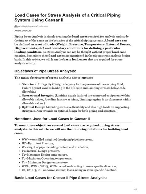 Load Cases For Stress Analysis Of A Critical Piping System Using Caesar