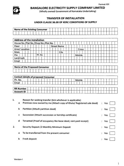 Bescom Form 13 Transfer Of Installation Pdf License Indemnity