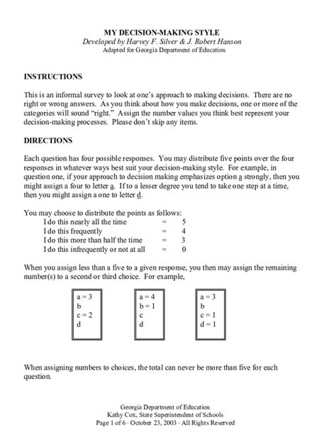 Fillable Online My Decisionsurvey Docx My Decision Making Style