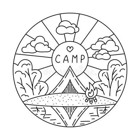 Camping Patch In Line Art Style Tent And Fire Black Outline On White