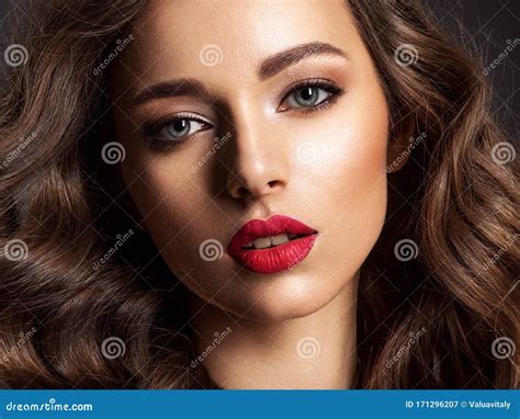 Beautiful Face Of Young Woman With Red Lipstick Portrait Of A Stunning