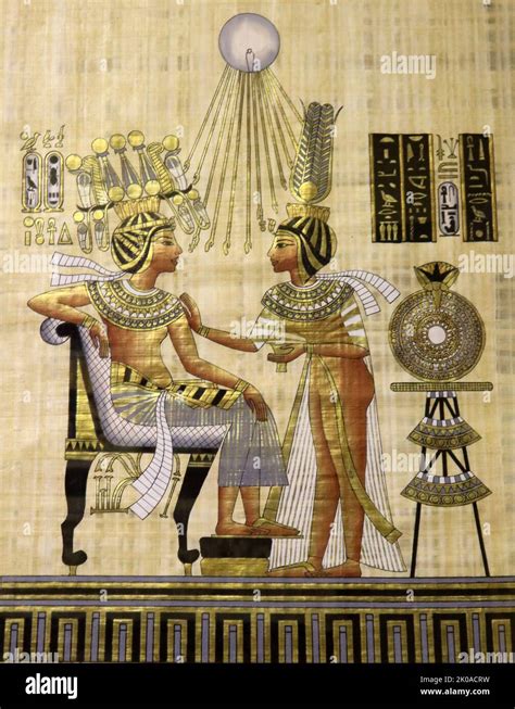 Modern Papyrus Depicting King Tutankhamun An Ancient Egyptian Pharaoh Ruled C 1332 1323 Bc