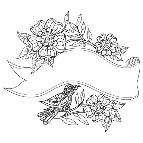 Premium Vector Bow Label And Bird Hand Drawn For Adult Coloring Book