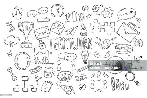 Doodle Teamwork Sketch Set Isolated On White Background Stock