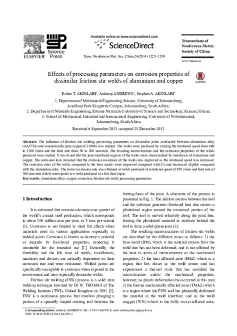 Pdf Effects Of Processing Parameters On Corrosion Properties Of Dissimilar Friction Stir Welds
