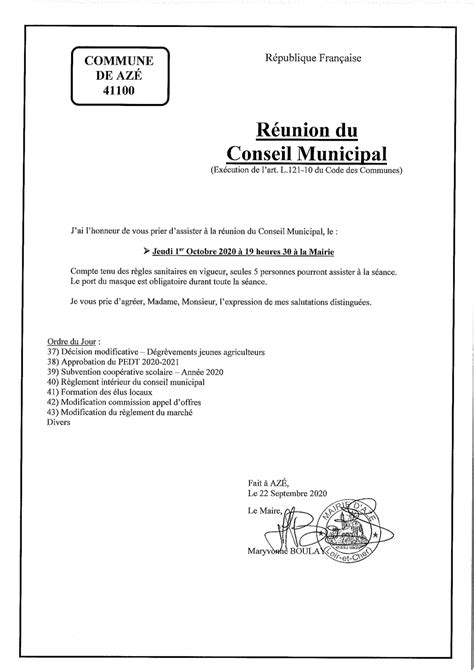 Ordre Du Jour Conseil Municipal Du 1er Octobre 2020 Village Dazé 41
