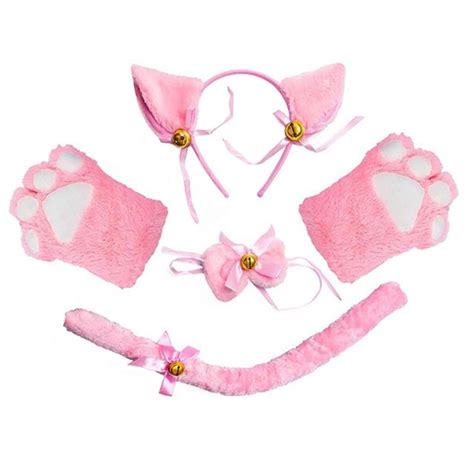 Cat Cosplay Costume Accessories Kitten Ears Tail Collar Paws Gloves For