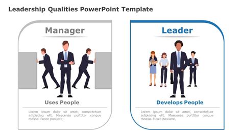 Leadership Qualities Contrast In Gray And Blue Panels Powerpoint Template