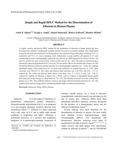 PDF Simple And Rapid HPLC Method For The Determination Of Alfuzosin