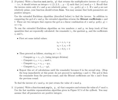 solved 2 9 points write a function mod inv x y that