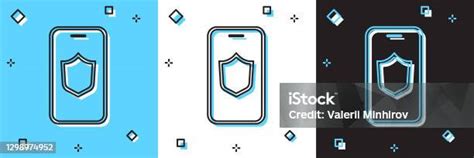 파란색과 흰색 검은 색 배경에 격리 된 보안 쉴드 아이콘이있는 스마트 폰 휴대 전화를 설정합니다 보안 안전 보호 개념 벡터 개념에 대한 스톡 벡터 아트 및 기타 이미지