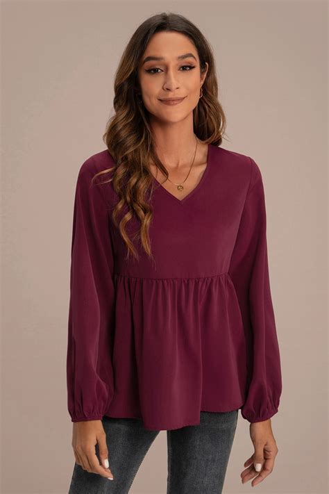 Solid Color V Neck Lantern Sleeve Peplum Blouse Petallush
